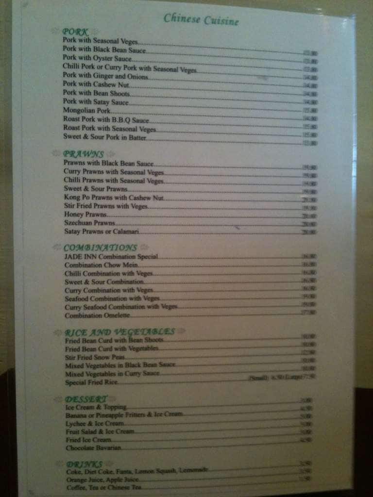 Menu at Jade Inn Restaurant, Ballarat Central