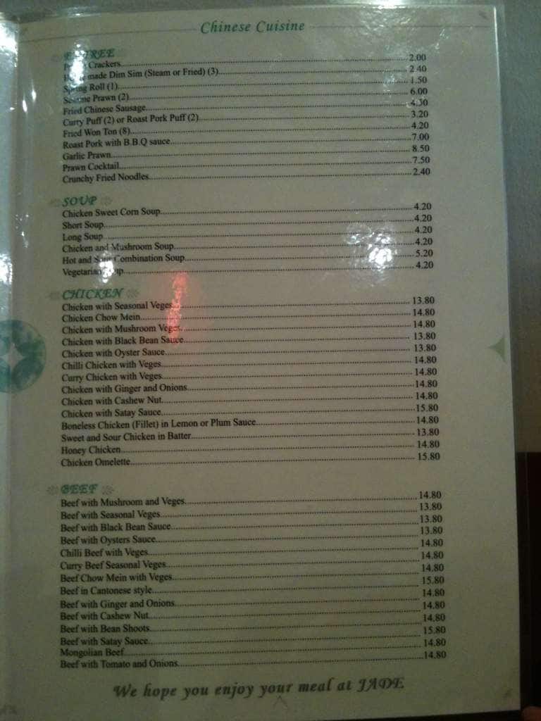 Menu at Jade Inn Restaurant, Ballarat Central