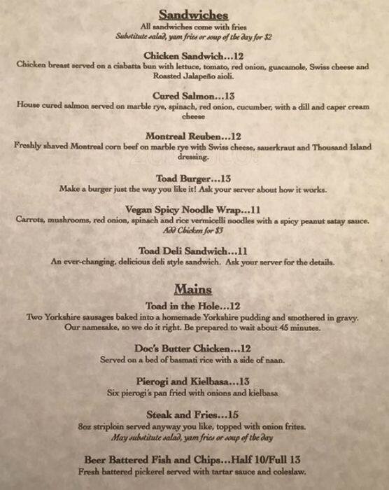 Menu at The Toad in the Hole pub & bar, Winnipeg