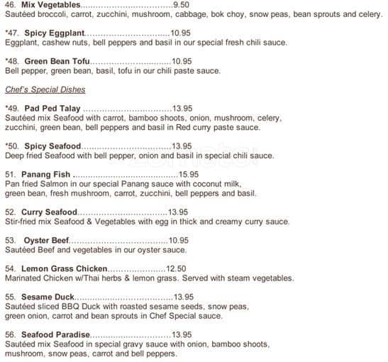 Menu at Thai Star Restaurant, Seattle, Boren Ave #1325
