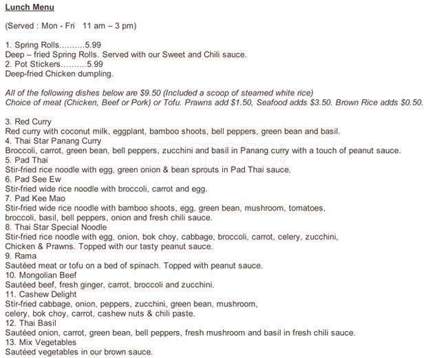 Menu at Thai Star Restaurant, Seattle, Boren Ave #1325