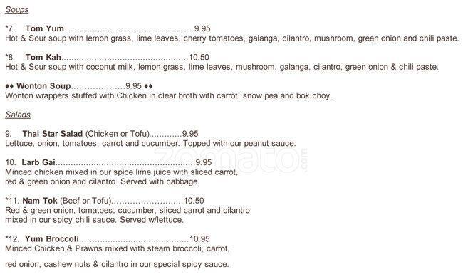 Menu at Thai Star Restaurant, Seattle, Boren Ave #1325
