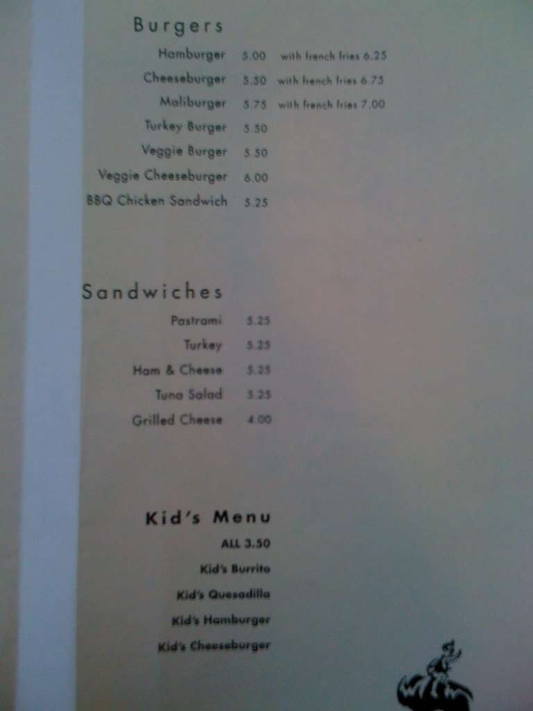 Menu at Lily's Malibu cafe, Malibu