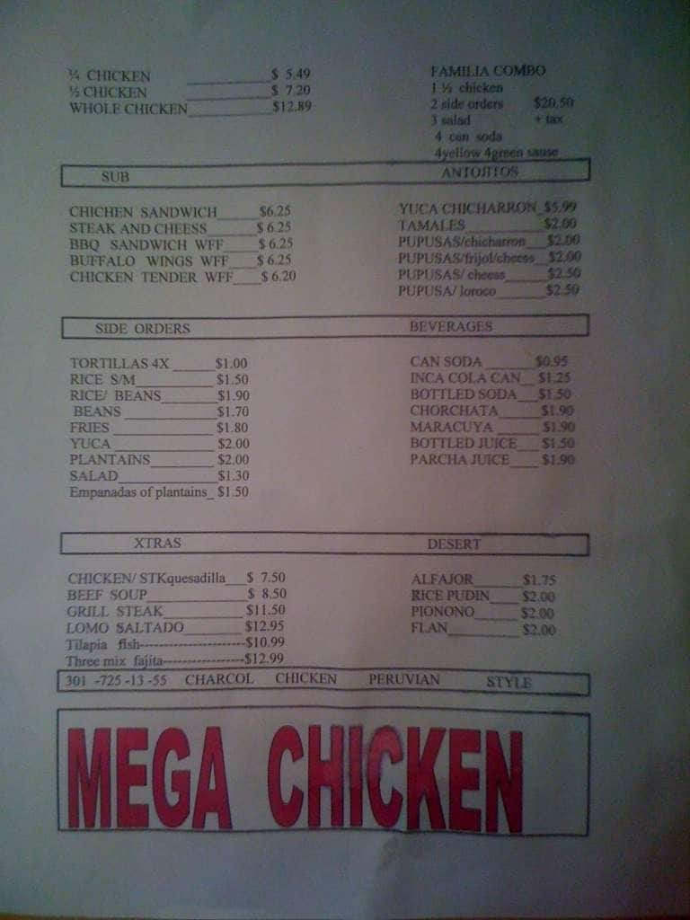 Mega Chicken Menu, Menu for Mega Chicken, Laurel, Prince George's ...