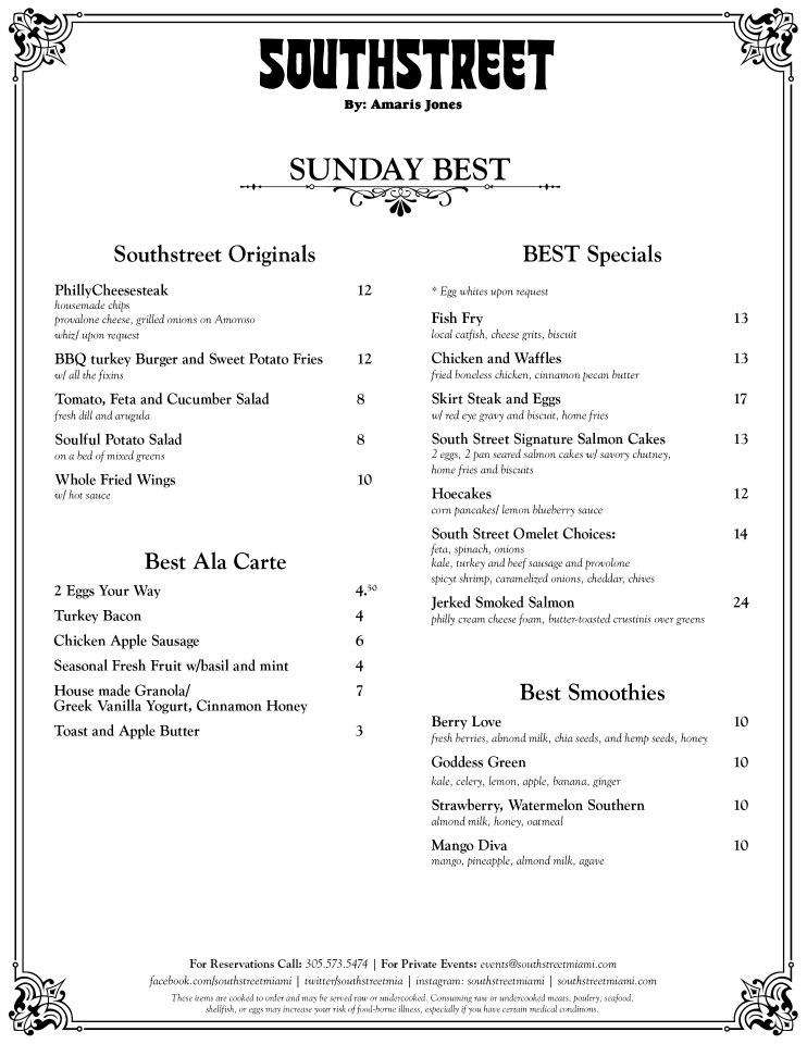 Menu at South Street Restaurant, Miami