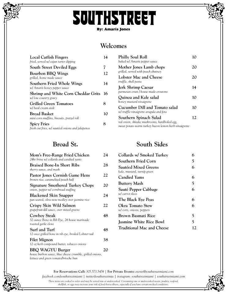 Menu at South Street Restaurant, Miami