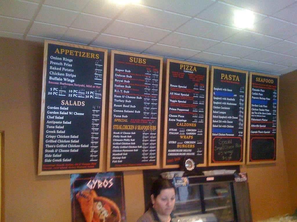 Menu at Theo's Deli & Seafood restaurant, Abbeville