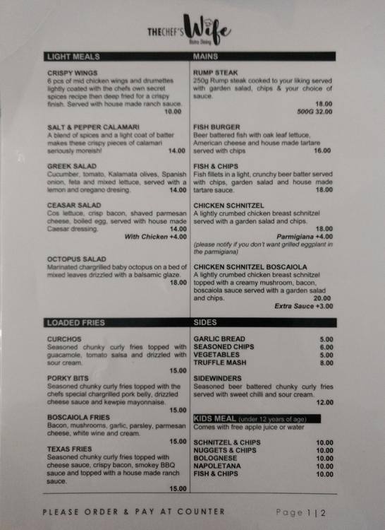 Menu at The Chef's Wife restaurant, Burwood