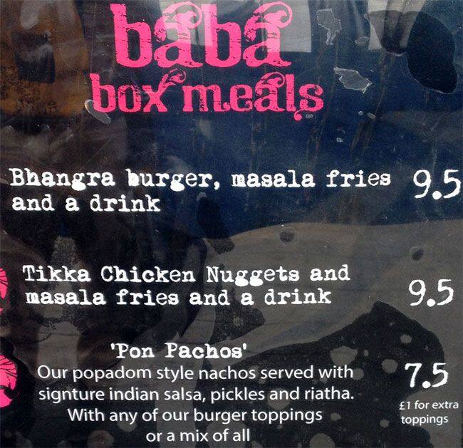 Menu at BaBa G's Brixton restaurant, London, Pop Brixton