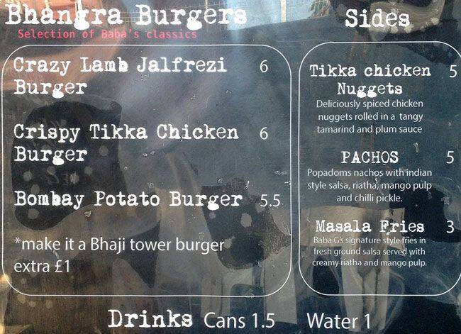 Menu at BaBa G's Brixton restaurant, London, Pop Brixton