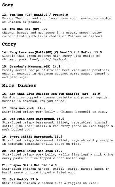Menu at Kin Thai fast food, Adelaide