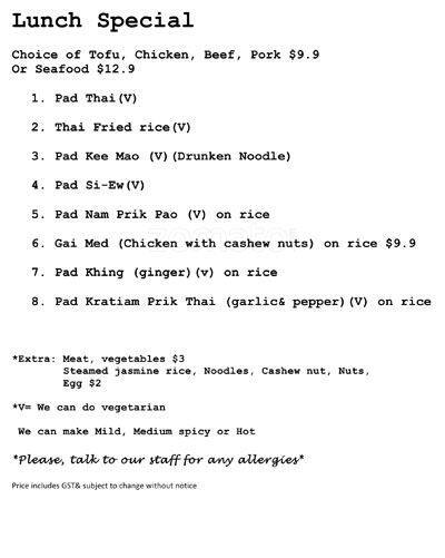 Menu at Kin Thai fast food, Adelaide