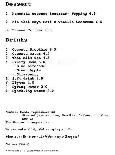 Menu at Kin Thai fast food, Adelaide