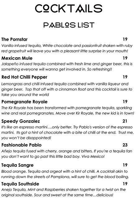 Menu at Pablo Honey Tapas Bar, Saint Kilda