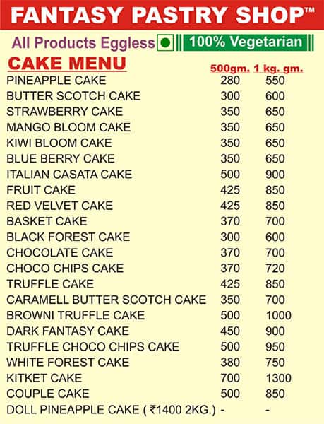 Menu of Fantasy Pastry Shop, Shahdara, New Delhi