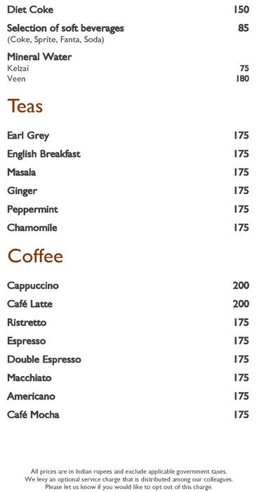 Menu at Courtyard Bar at Alila Diwa Goa, Majorda