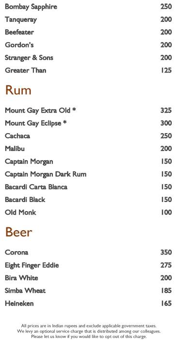 Menu at Courtyard Bar at Alila Diwa Goa, Majorda