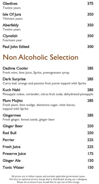 Menu at Courtyard Bar at Alila Diwa Goa, Majorda