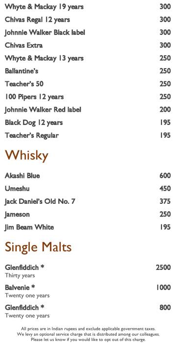 Menu at Courtyard Bar at Alila Diwa Goa, Majorda