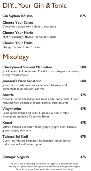 Menu at Courtyard Bar at Alila Diwa Goa, Majorda