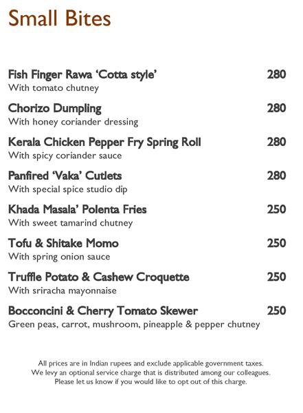 Menu at Courtyard Bar at Alila Diwa Goa, Majorda