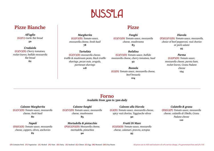 Menu of Bussola, IMPZ, Dubai