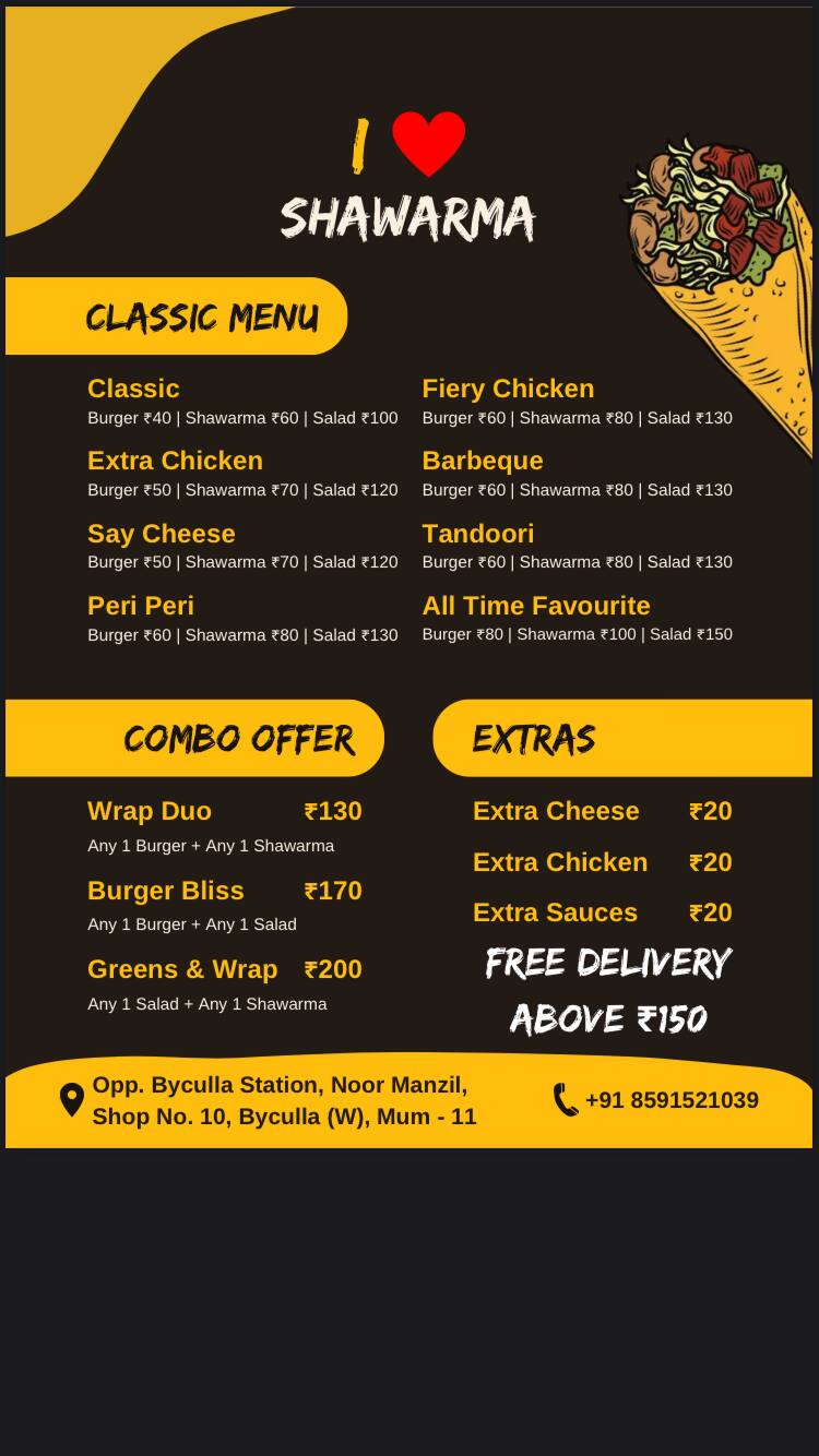 Menu of I ️ Shawarma, Byculla, Mumbai