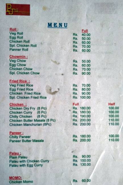 Menu of PJ's Food, Chandmari, Guwahati