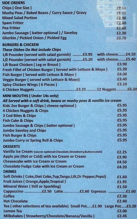 Menu at The Major Plaice restaurant, Epsom, Market Parade