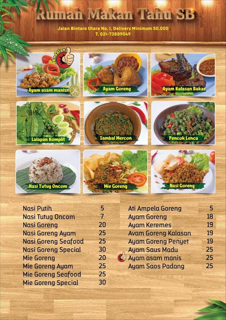 Menu at Rumah makan Tahu SB restaurant, South Jakarta