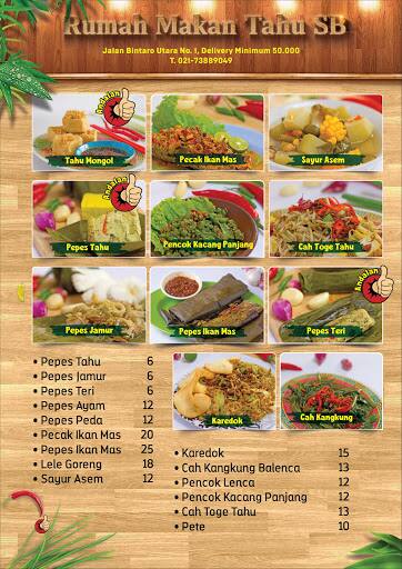 Menu at Rumah makan Tahu SB restaurant, South Jakarta