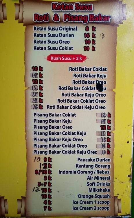 Menu at Sop Durian Warta cafe, Jakarta, Jln. Condet Raya no. 5A