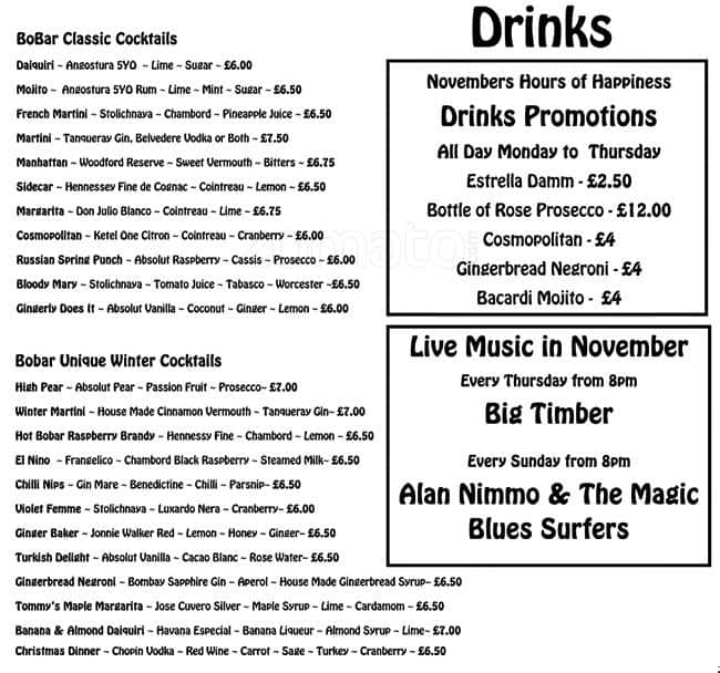 Menu at Bobar, Glasgow, 385 Byres Road