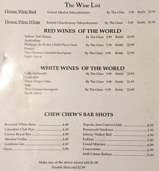 Menu at Chew Chew's Diner restaurant, Toronto