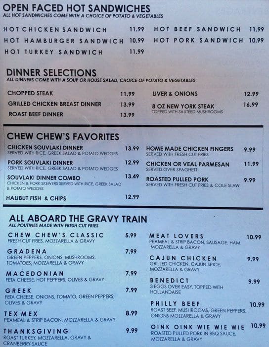 Menu at Chew Chew's Diner restaurant, Toronto