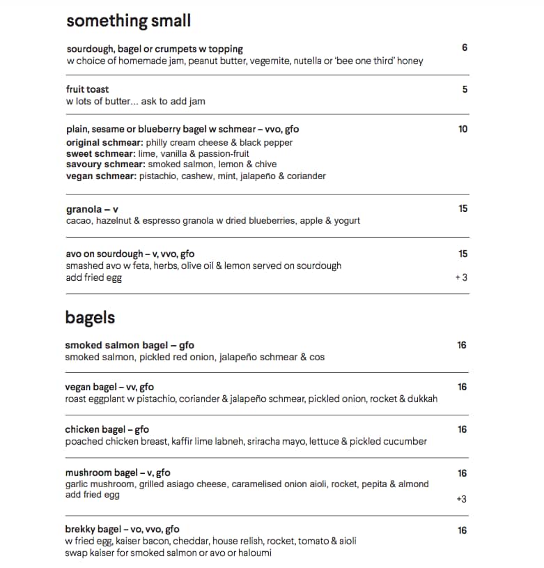 Menu at Scout Cafe, Brisbane City