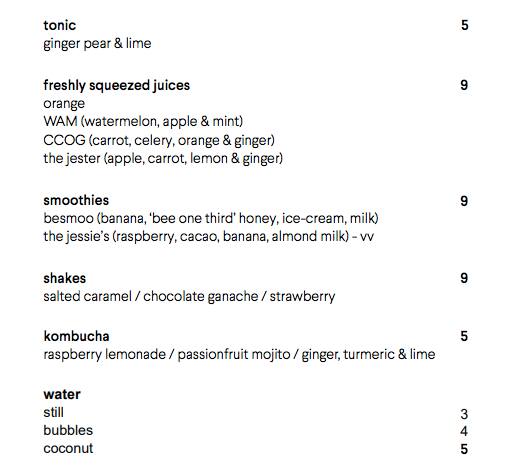 Menu at Scout Cafe, Brisbane City