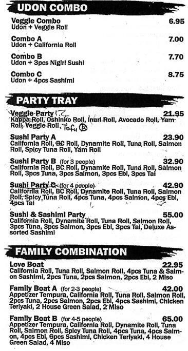 Menu at Ginger Sushi restaurant, Vancouver