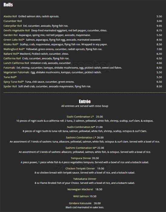 Menu at Kisaku Sushi restaurant, Seattle