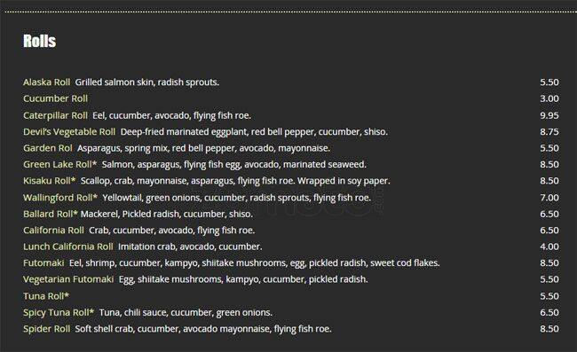 Menu at Kisaku Sushi restaurant, Seattle