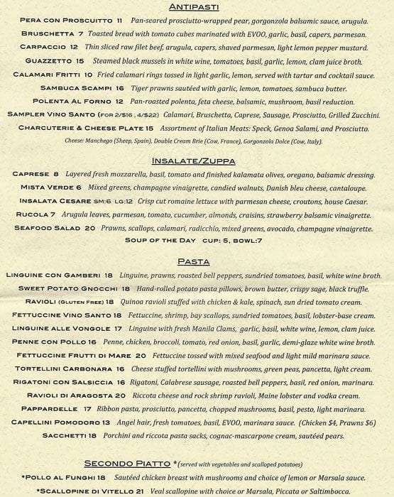 Menu at Vino Santo restaurant, Redwood City
