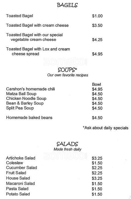Menu at Carshon's Delicatessen restaurant, Fort Worth