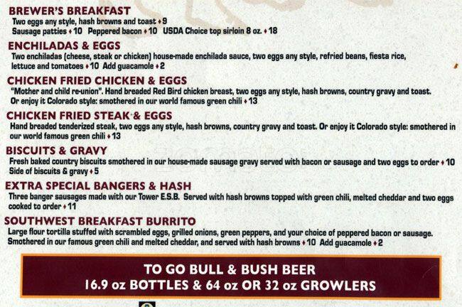 Menu at Bull & Bush Brewery restaurant, Denver