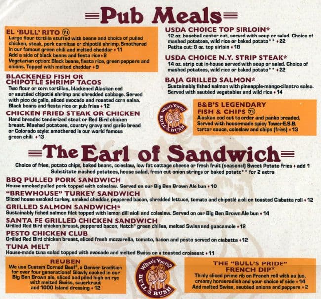 Menu at Bull & Bush Brewery restaurant, Denver