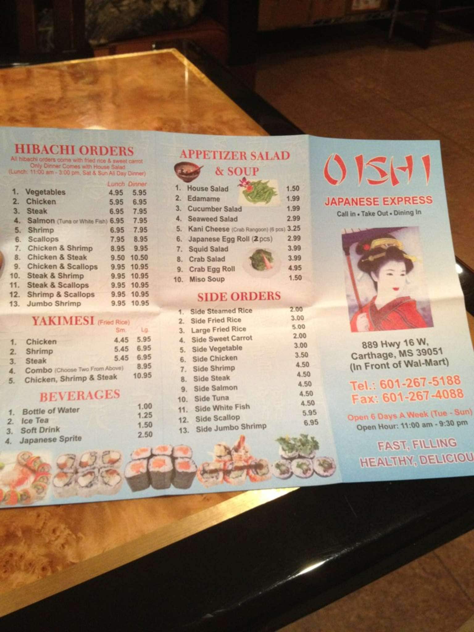 Menu at Oishi Japanese Express restaurant, Carthage