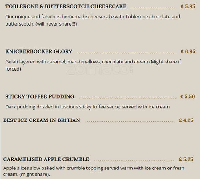 Menu at The Bear on the Barge, Uxbridge