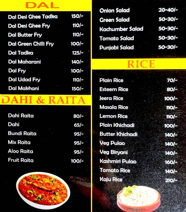 Menu at Nanaksar Dhaba, Indore