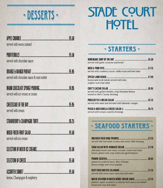 Menu at Stade Court Hotel restaurant, Hythe