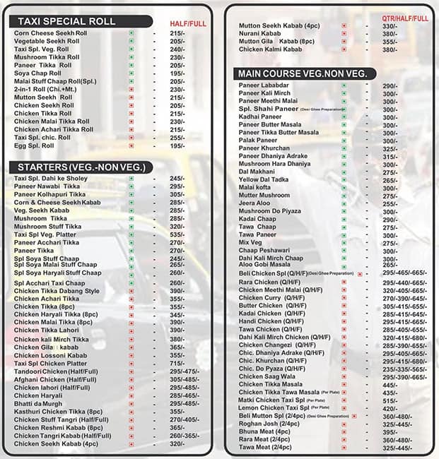 Menu of Taxi Kitchen, Sector 15, Faridabad