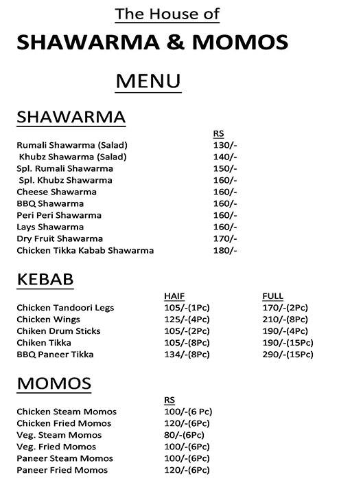 Menu of The House Of Shawarma & Momos, Madhapur, Hyderabad